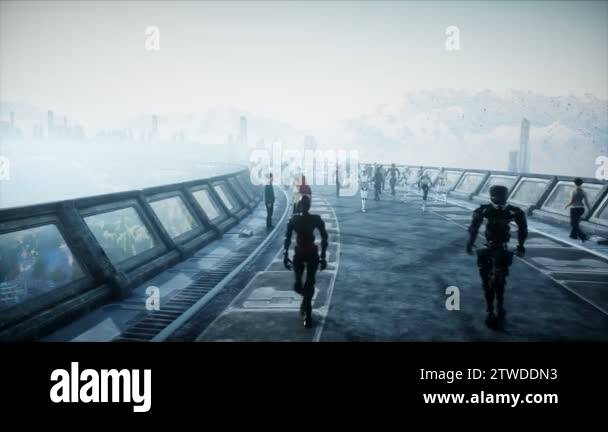 People and robots. Sci fi tonnel. Futuristic traffic. Concept of future ...