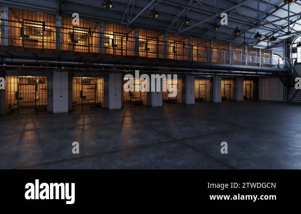 Hallway in prison showing two floors and rows of cells. Modern loft ...