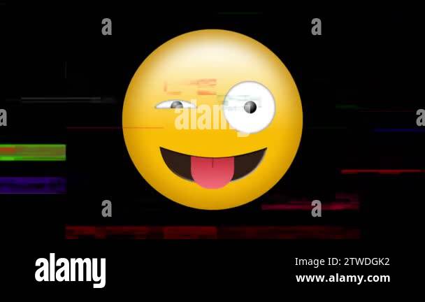 Digital animation of pixel noise and winking emoji in a black ...