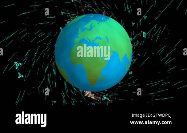 Digital animation of a globe rotating with a background of the galaxy and glowing shapes zooming ...