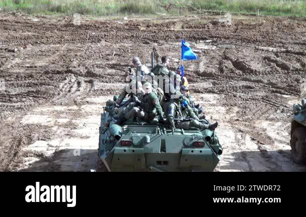 Squad of strikeball team with machine submachine guns on panze Stock ...