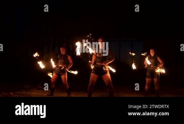 Professional fire show in the old hangar of the aircraft show ...