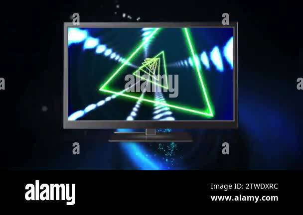 Digital animation of a flat screen television with neon triangle tunnel ...
