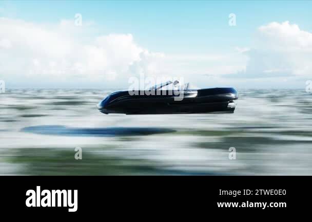 futuristic flying car with 3d model woman fast driving in desert ...