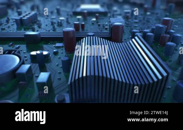 Flying Over the Circuit Board and Processors. Looped 3d Animation of ...