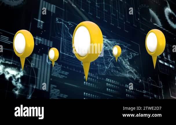 Digital animation of yellow map pins moving in the screen and a ...
