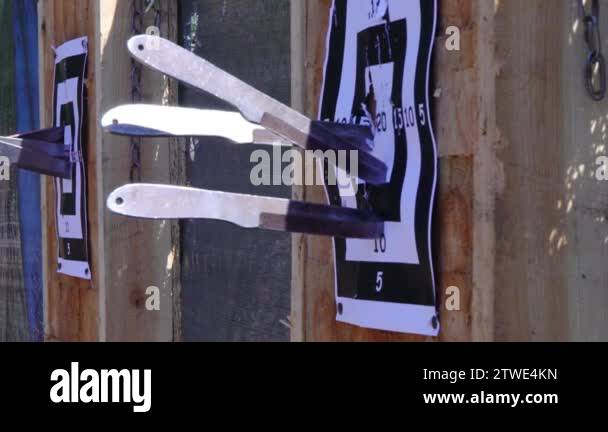Throwing knives at the target from an open-air distance, a competition ...