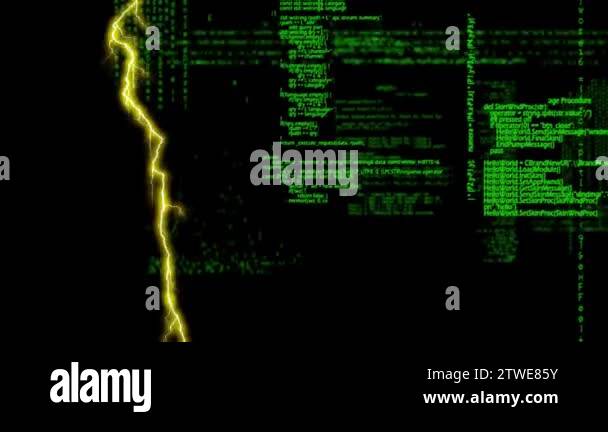 Digital animation of lightning and program codes moving in the screen against a black background ...