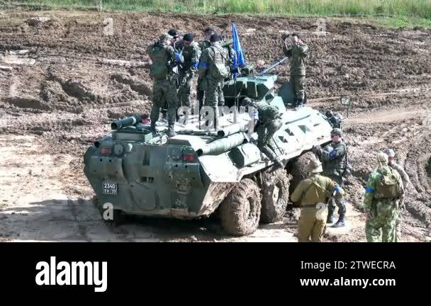 Squad of strikeball team with machine submachine guns on panze Stock ...