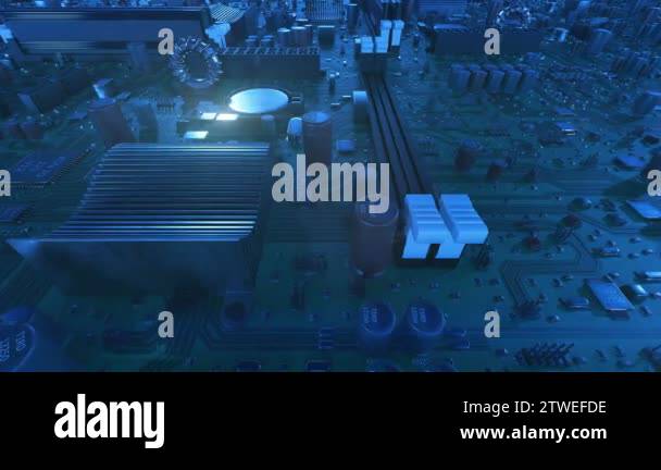 Flying Over the Motherboard With CPUs and Flares. Looped 3d Animation ...