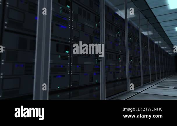 Fly among rack servers loop and seamless animation. Concept of data ...