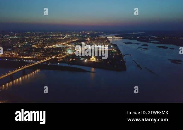 Night view from the air on Nizhny Novgorod. View of confluence of ...