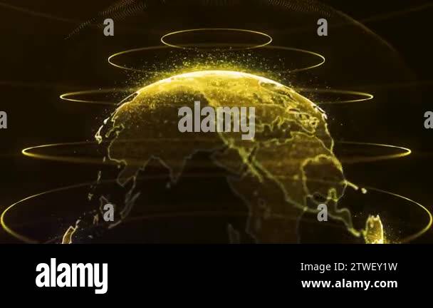 Spinning globe. Planet Earth as a orange glow hologram with power arc ...