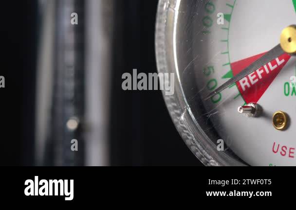 Close-up of medical oxygen flow meter shows low oxygen or an nearly ...