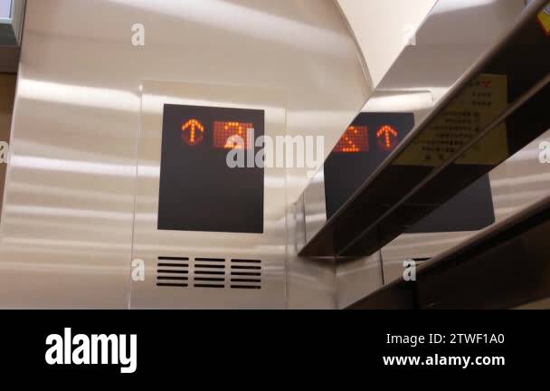 Motion of people taking elevator from one to eight floor inside ...