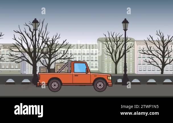 Animated pickup truck with boxes in the trunk riding through autumn ...