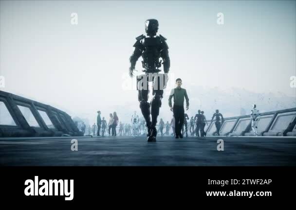 People and robots. Sci fi tonnel. Futuristic traffic. Concept of future ...
