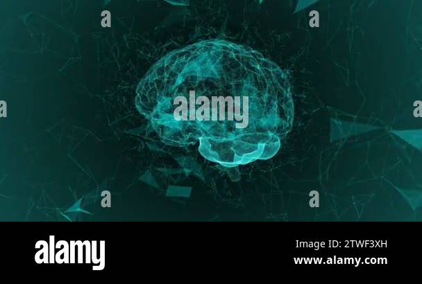 Human brain being formed by revolving particles. Plexus structure evolving around. Blue abstract ...