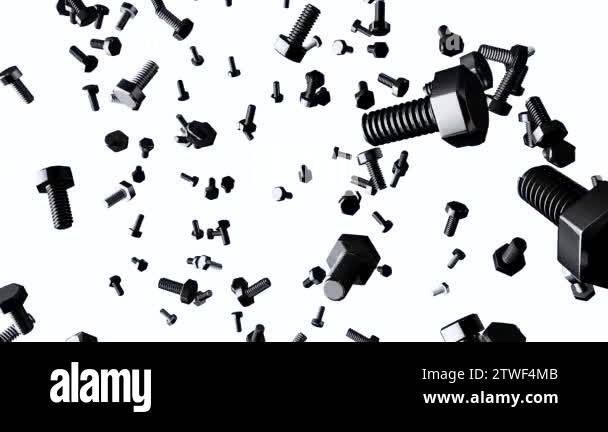 Animation of flying bolts on white background, 3D. Bolts on white ...