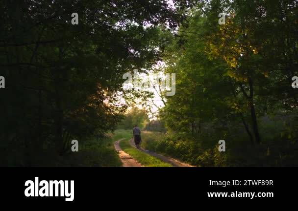 Two people walking - Sunset country off road with beautiful evening sun light rays, green leaf ...