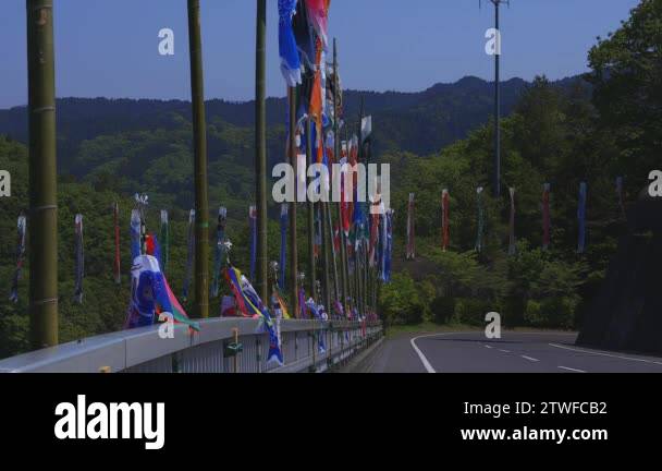 Carp streamers at Ryujin big bridge in Ibaraki daytime sunny Stock ...