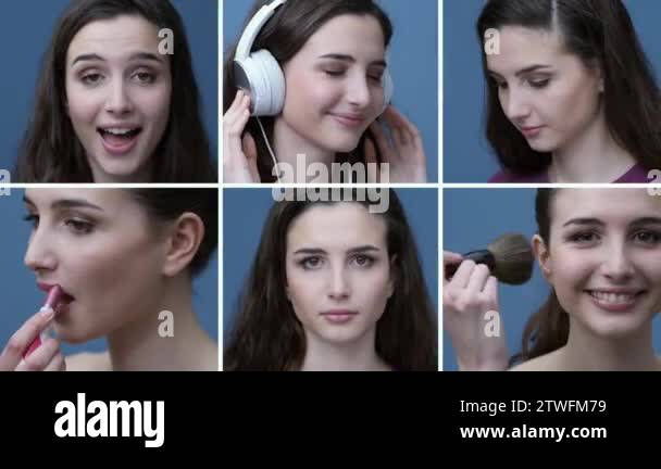 Young girl daily routine, she is applying makeup, smiling and listening to music: same woman ...