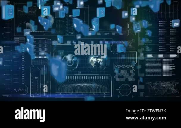 Digital animation of internet icons floating over a screen with graphs ...