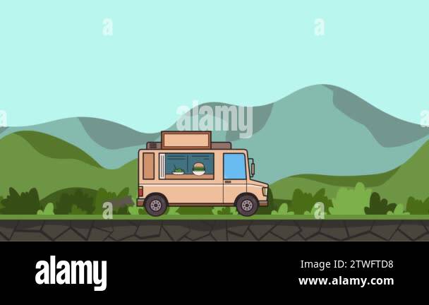 Animated food truck riding through green valley. Moving vehicle on ...
