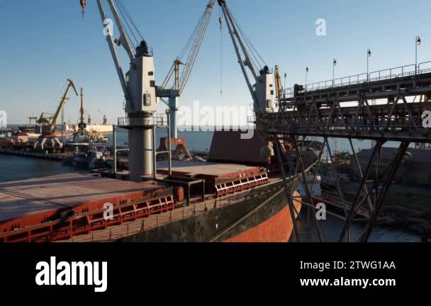 Timelapse of ship loading grain crops on bulk freighter via trunk to ...