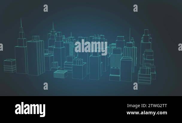 Digital animation of 3D blueprint model of a city rotating against dark ...