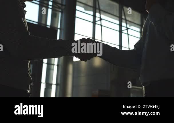 Business handshake indoor at office with sun flare at background. Two ...