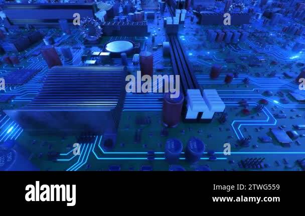 Flying Over the Motherboard With CPUs and Blue Signals. Looped 3d ...
