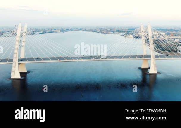 motion to modern cable-stayed bridge with high pylons Stock Video ...