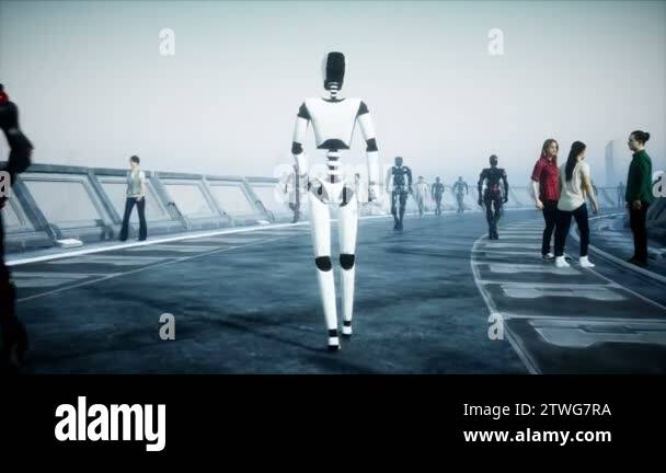 People and robots. Sci fi tonnel. Futuristic traffic. Concept of future ...