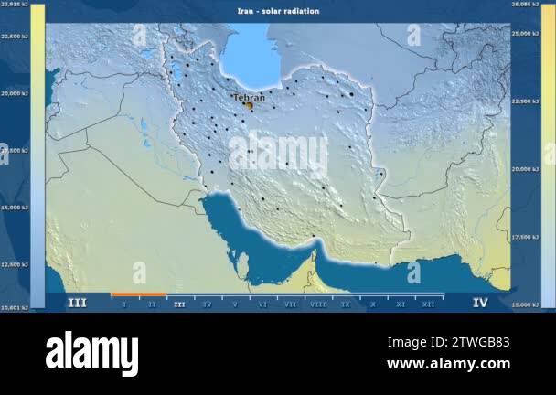 Solar radiation by month in the Iran area with animated legend ...