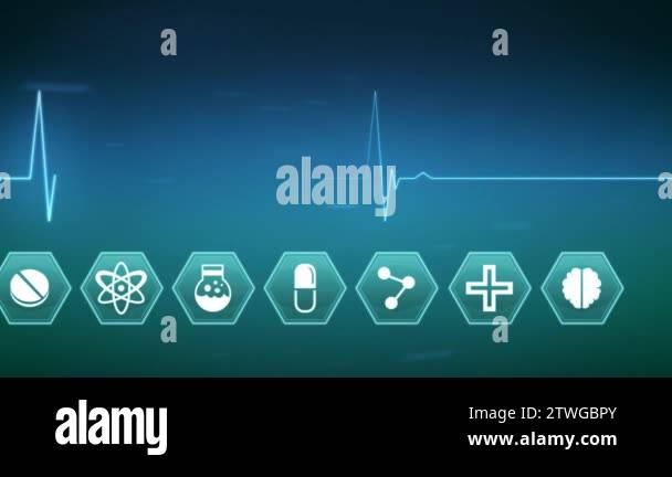Digital animation of medical science symbols appearing on a blue ...