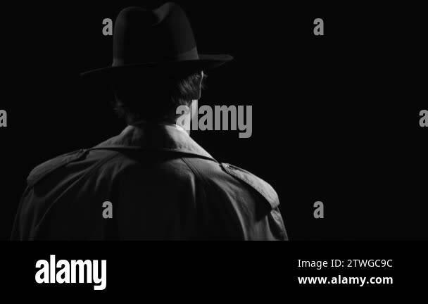 Retro noir film detective, he is turning and pointing his gun, crime ...