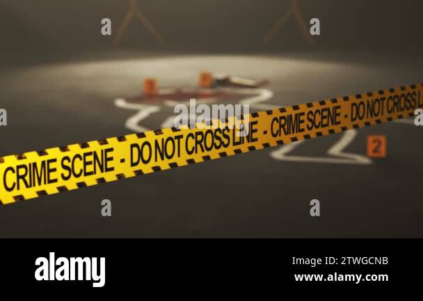 Body outline on the crime scene. Camera focus moving from the police ...