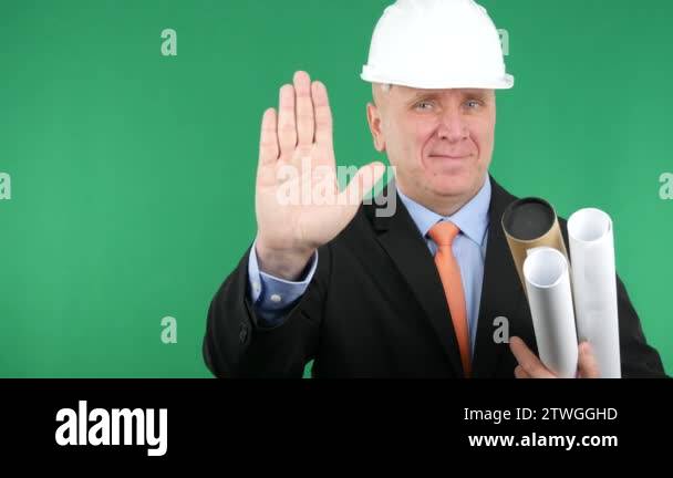 Engineer with Plans Smile and Make Stop Hand Gestures (Ultra High ...