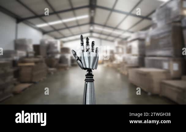 Digital animation of a robot arm in a delivery warehouse. The hand ...