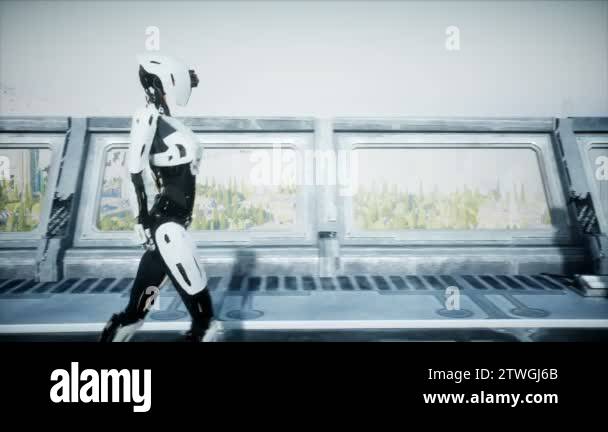 People and robots. Sci fi tonnel. Futuristic traffic. Concept of future ...