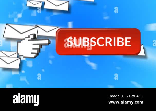 Digital animation of red subscribe button with a hand icon pointing ...