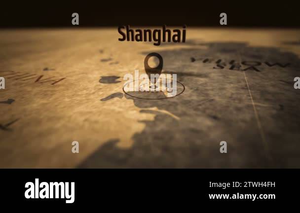 Shanghai city on retro map in sepia color. Old atlas chart with mark by ...