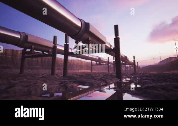 Two streams of pipeline running through the flooded excavation full of ...