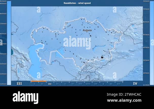 Wind speed by month in the Kazakhstan area with animated legend ...
