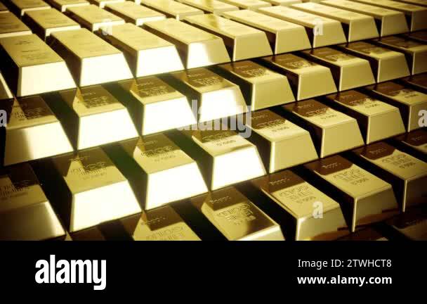 3D animation of wandering light rays on gold bars in film look color ...