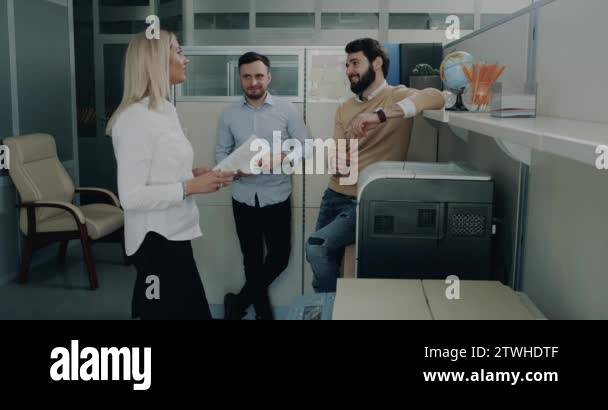 Small break time in the office three colleagues have a great ...