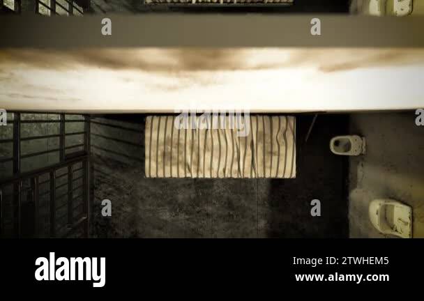 Top view of locked old prison cells with bed, sink, toilet and table ...