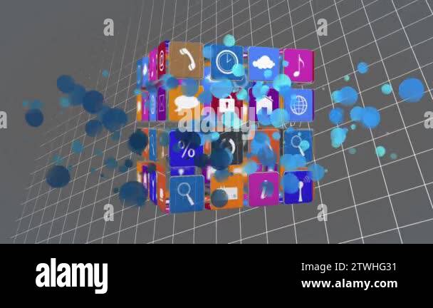 Digital animation of internet icons and symbols on a cube rotating. The ...