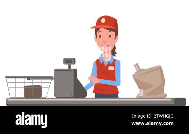 Cashier lady at the supermarket checkout counter. Grocery store ...